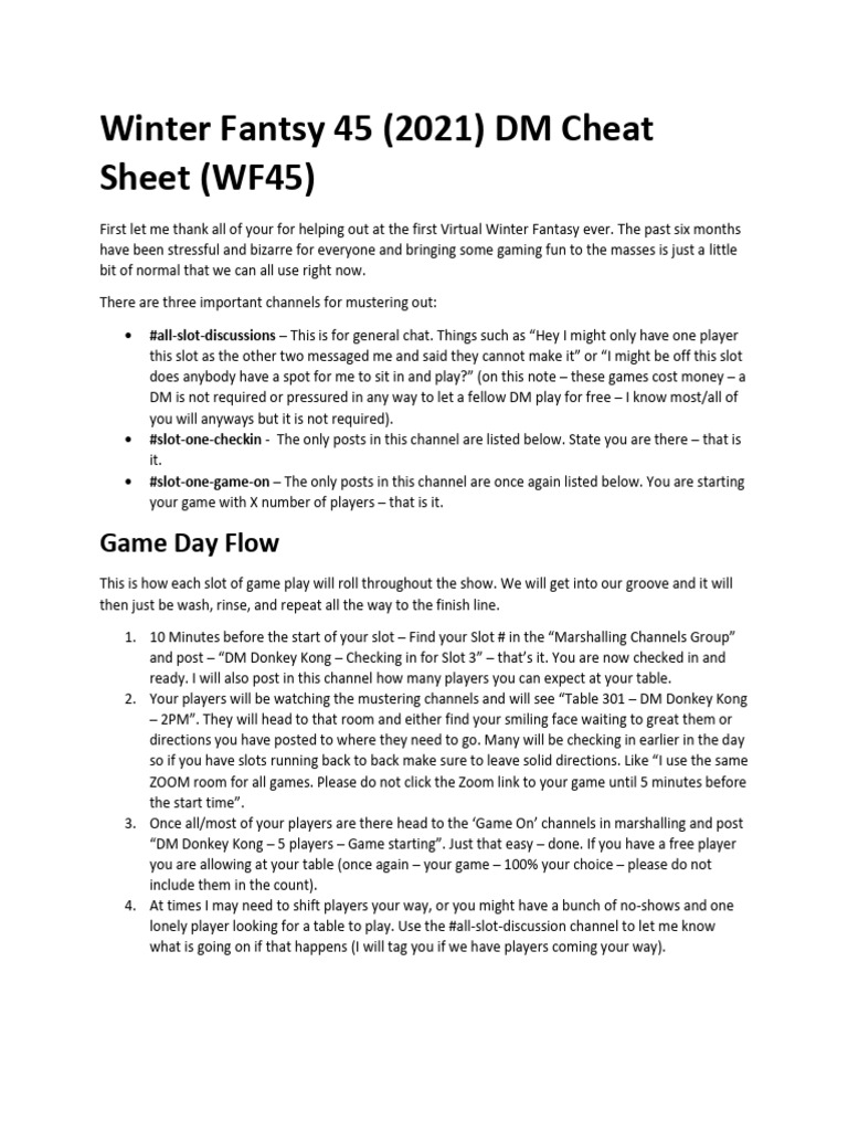 Winter Fantasy 2021 DM Cheat Sheet | PDF