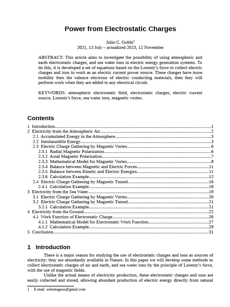 Harnessing Electrostatic Energy Sources | PDF | Electric Current ...