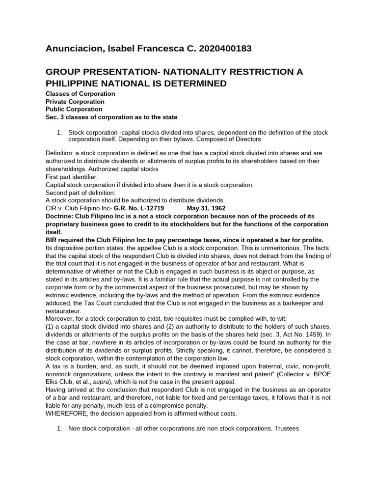 San Beda College Alabang-Transcription of Lecture Bus Org - Atty. Joy Quicho | PDF ...