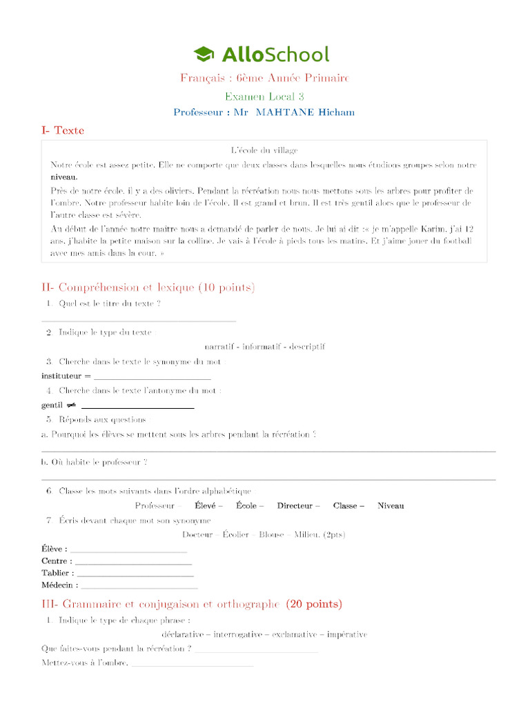 Francais 6ap Examen Local 3 2369 | PDF