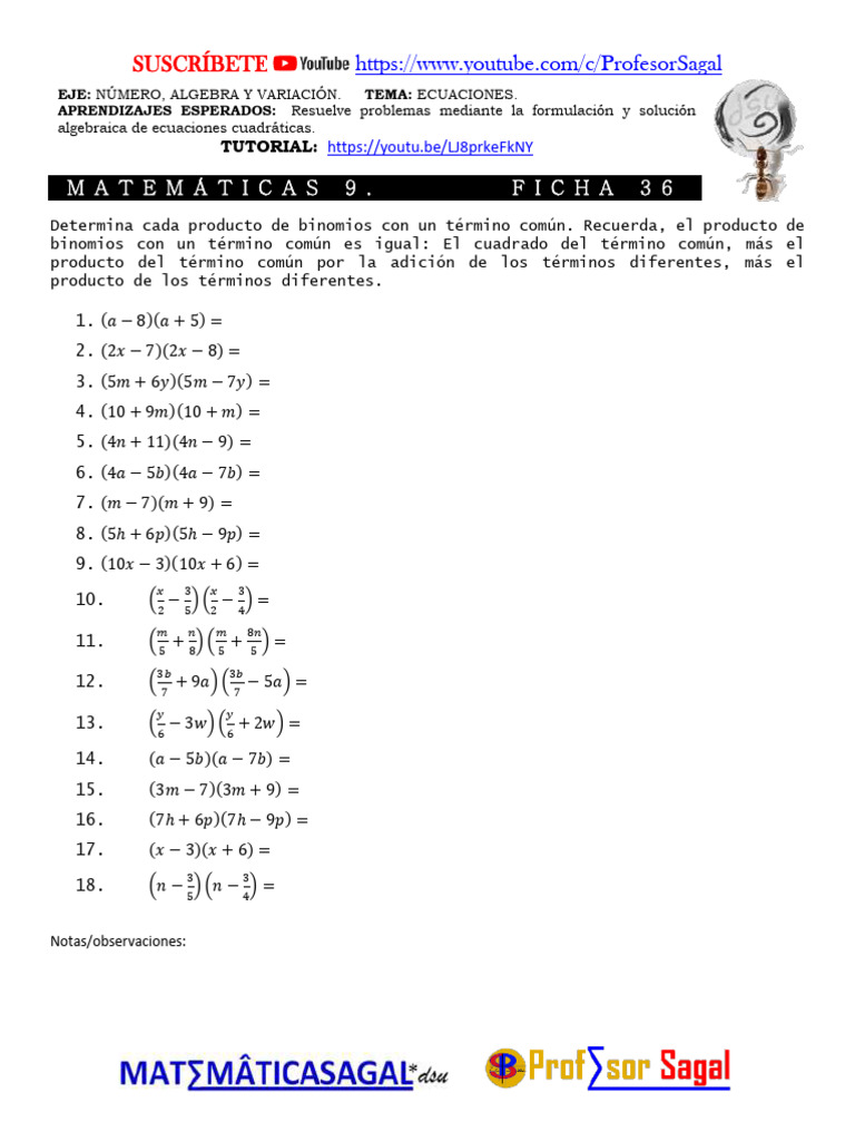 FICHA 36 PRODUCTO DE BINOMIOS CON UN TÉRMINO COMÚN | PDF