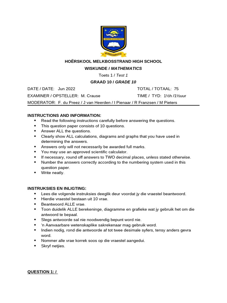 Wisk Toets 1 Junie 2022 Graad 10 | PDF
