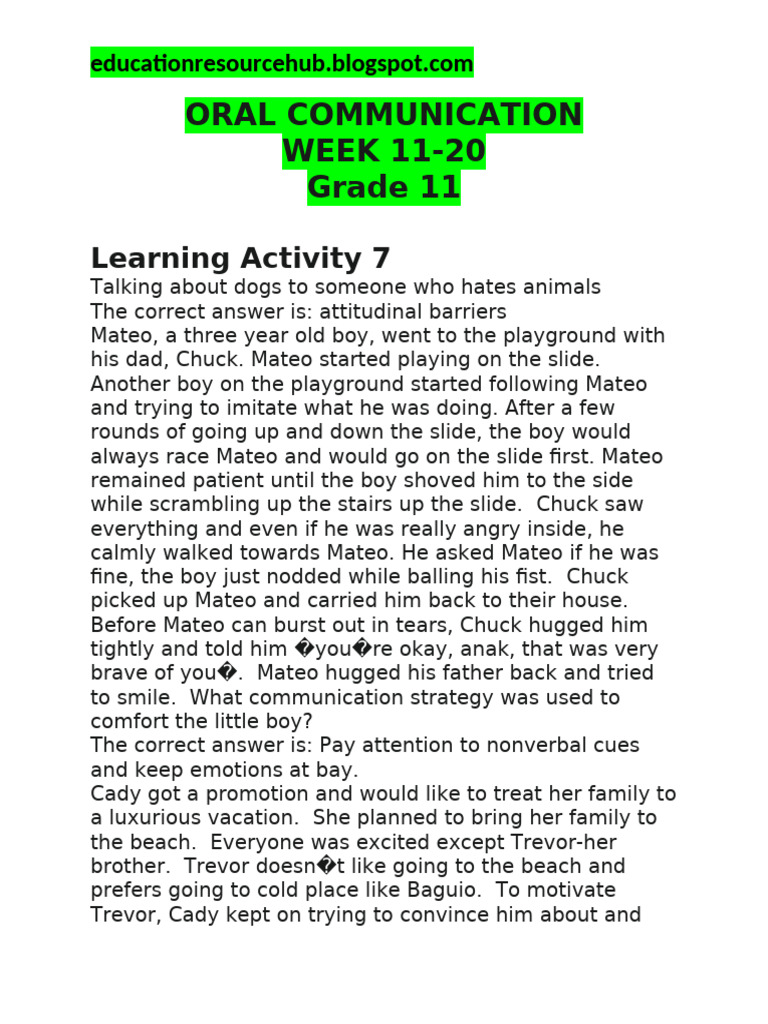 Oral Communication Grade 11 Week 11-20 | PDF | Nonverbal Communication ...