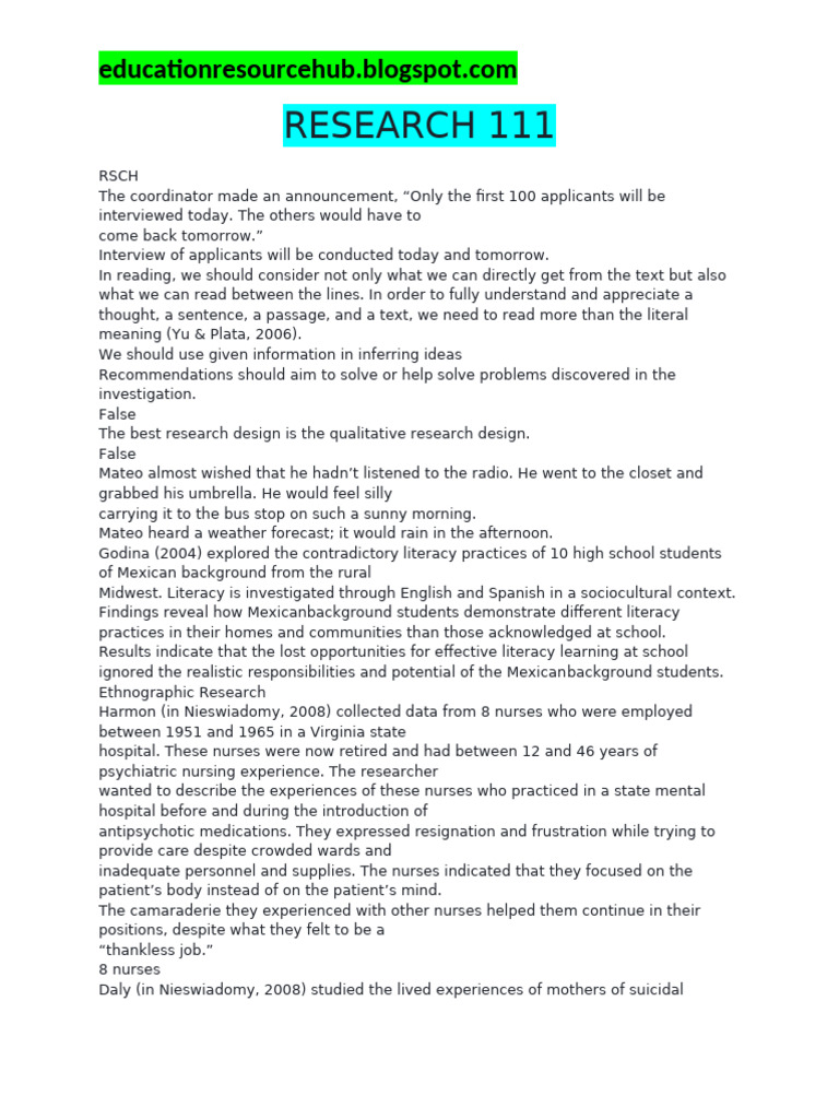 Research (RSCH-111) - Grade 11 Week 1-20 | PDF | Qualitative Research ...