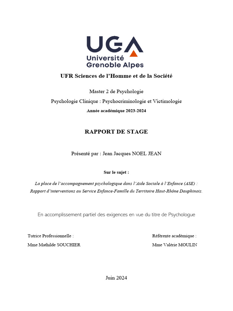 Rapport de Stage M2 Psycho Jean Jacques Version Finale | PDF | Théorie ...