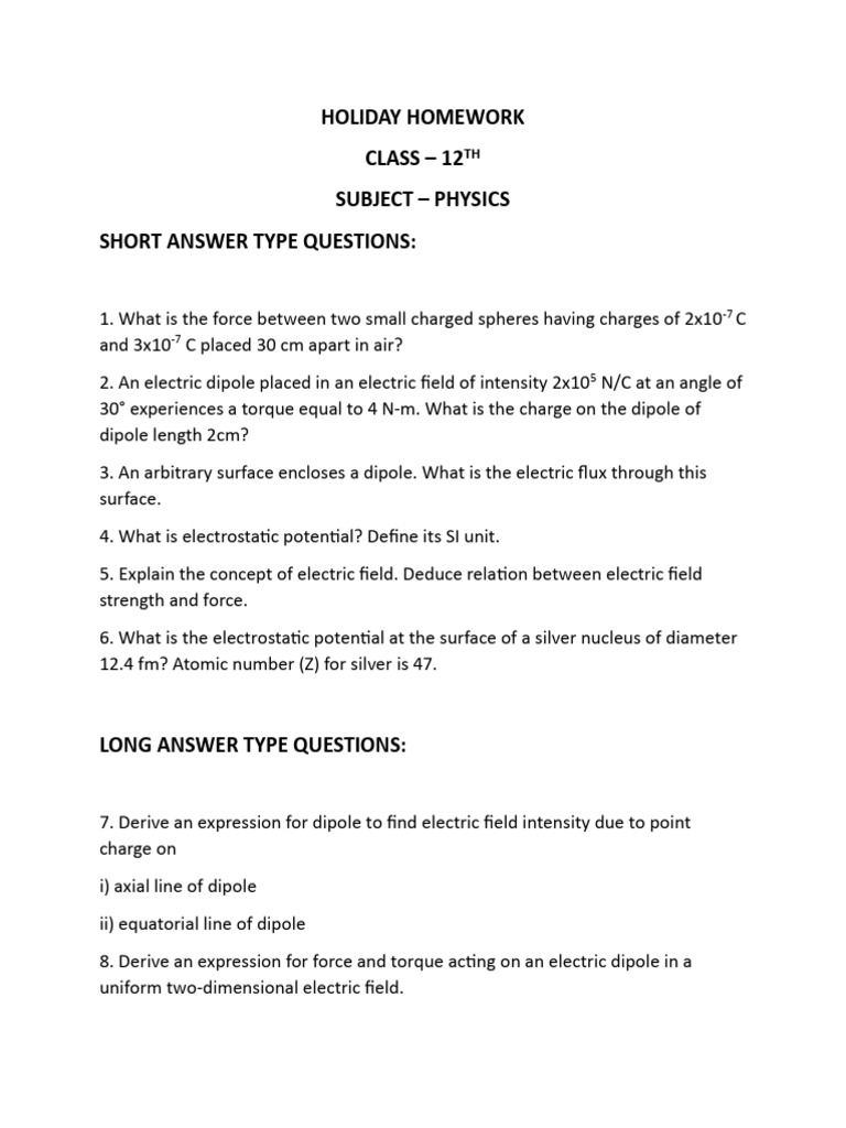 Holiday Homework Physics Class 12th | PDF
