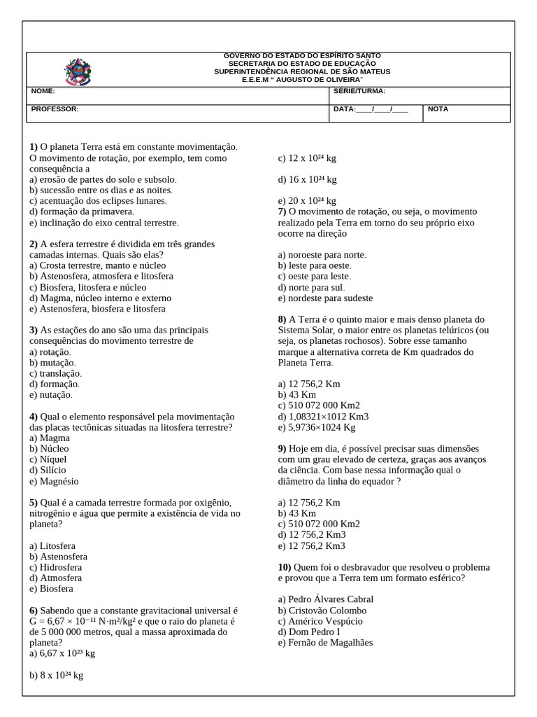 Atividade Avaliativa 3 1º Ano Forma Da Terra | PDF | Terra | Ciências Físicas
