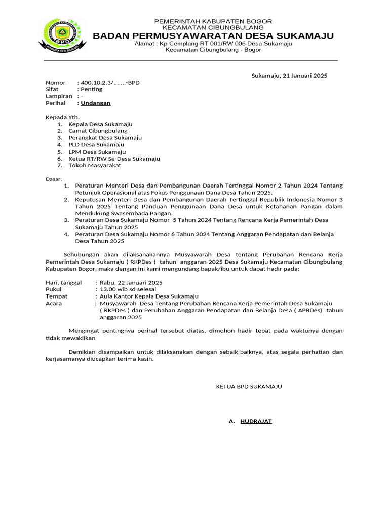 Undangan BPD Musyawarah Perubahan RKPDes Tahun 2025 | PDF