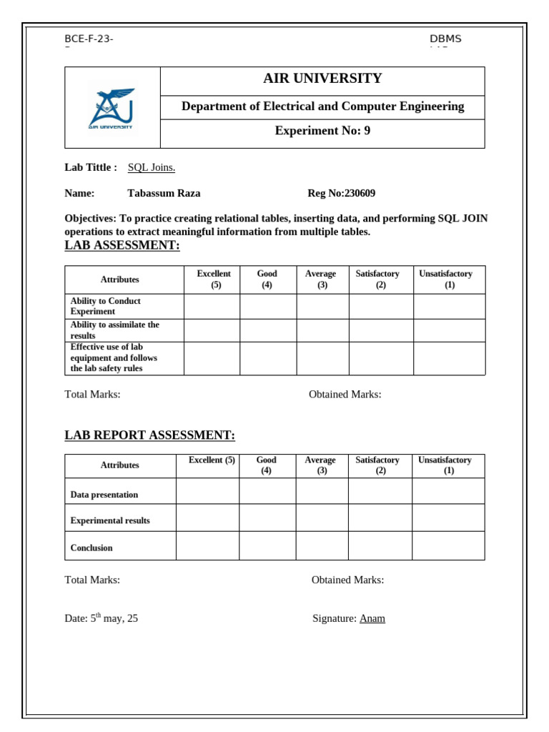 DBMS Lab Report 9 230609 | PDF | Databases | Relational Model