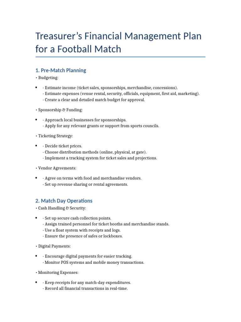 Treasurer Financial Plan Football Match | PDF