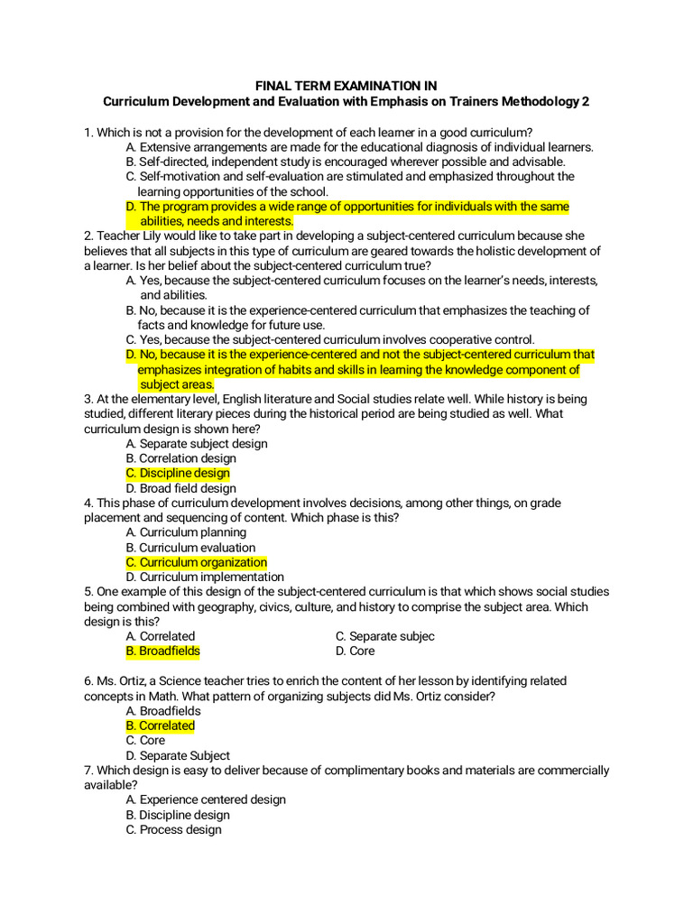 Curriculum Development Exam Questions | PDF | Curriculum | Evaluation