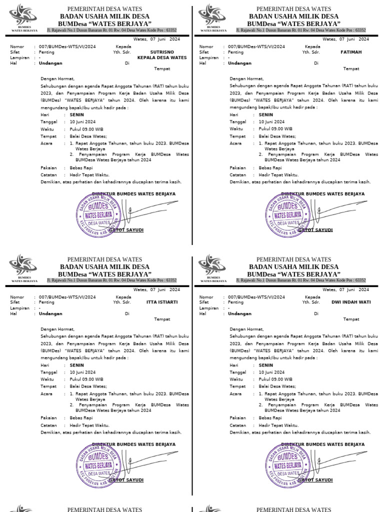 Undangan Rat 2023 Bumdes F4 Jadi 2 | PDF