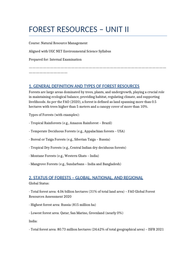 Forest Resources Unit II | PDF | Forests | Deforestation