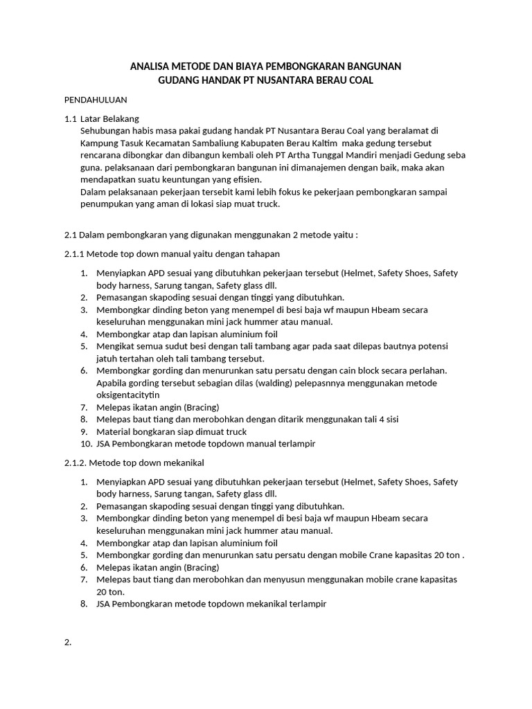 Metode Pembongkaran Gudang Handak | PDF