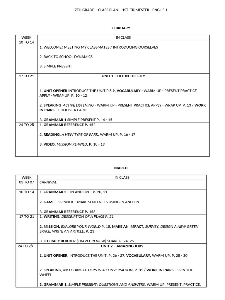 7th Grade English Class Plan: Trimester 1 | PDF | Writing | Cognition