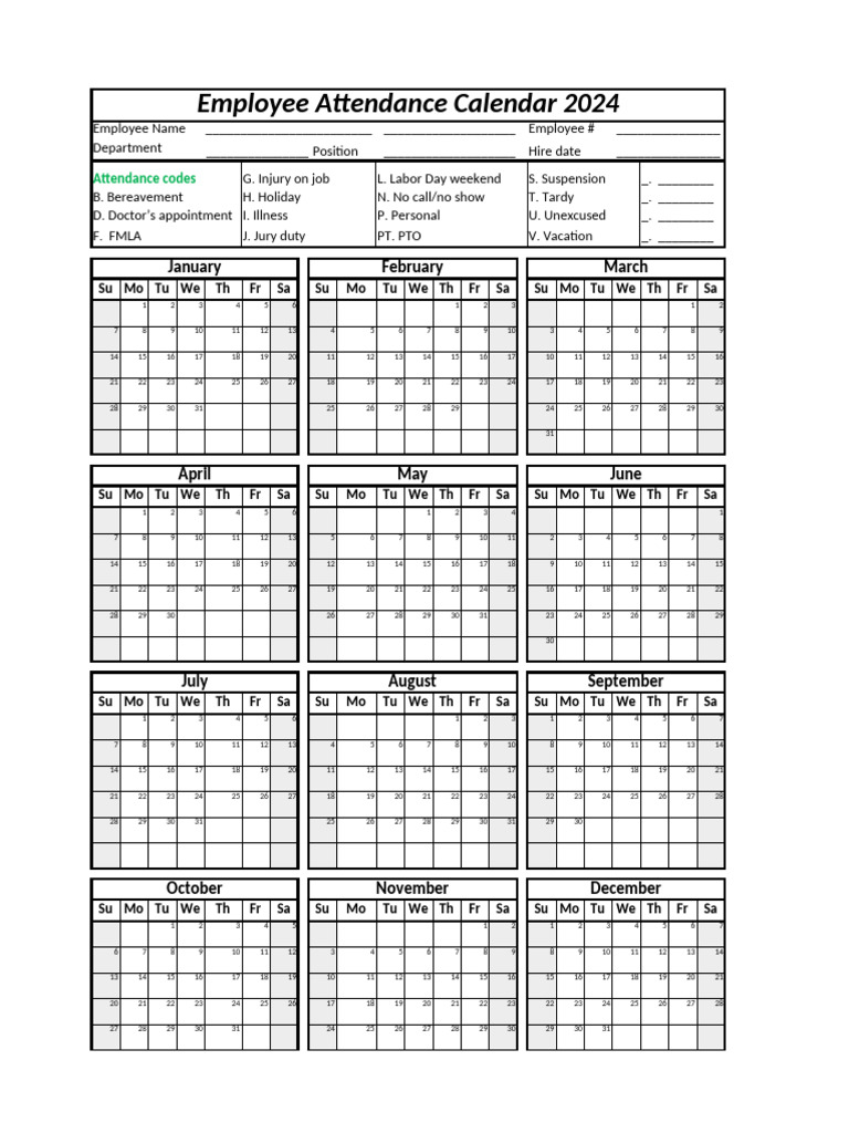 Employee Attendance Calendar 2024 | PDF