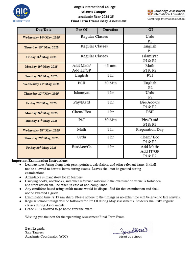 May Assessment - Final Exams Datesheet Pre OI, OI | PDF | Educational ...