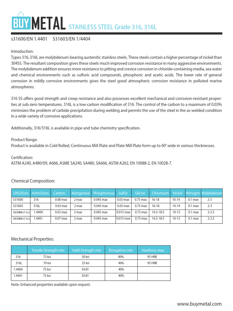 Stainless Steel 316/316L Properties | PDF | Stainless Steel | Corrosion