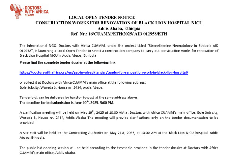 00 Local Open Tender Notice Black Lion Hospital | PDF