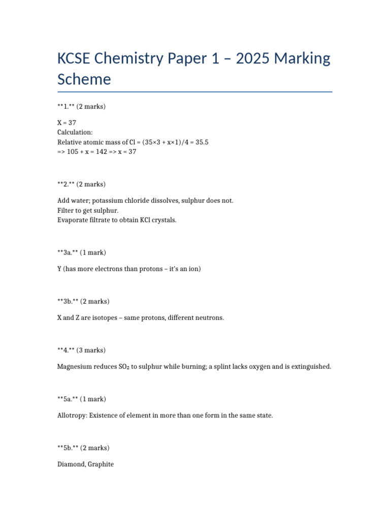 KCSE Chemistry Paper1 2025 Marking Scheme | PDF | Potassium Chloride ...
