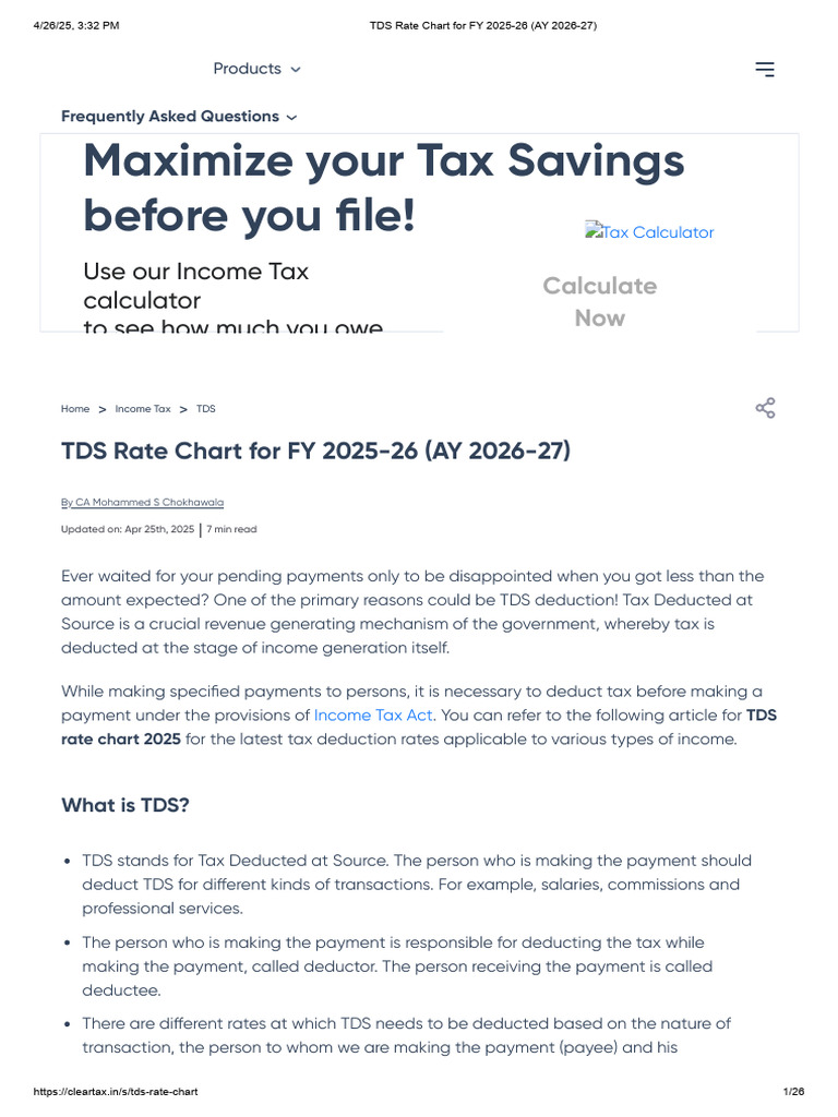 TDS Rate Chart FY 2025-26 | PDF | Capital Gains Tax | Payments