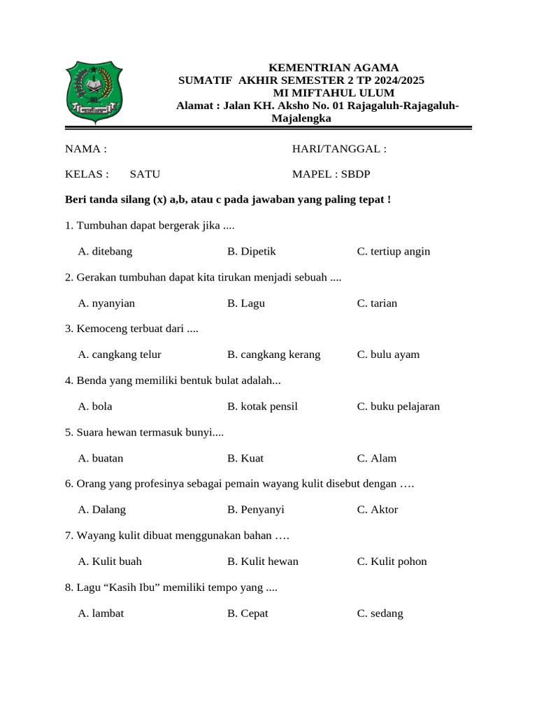 Soal Uas SBDP Kls 1 2025 | PDF