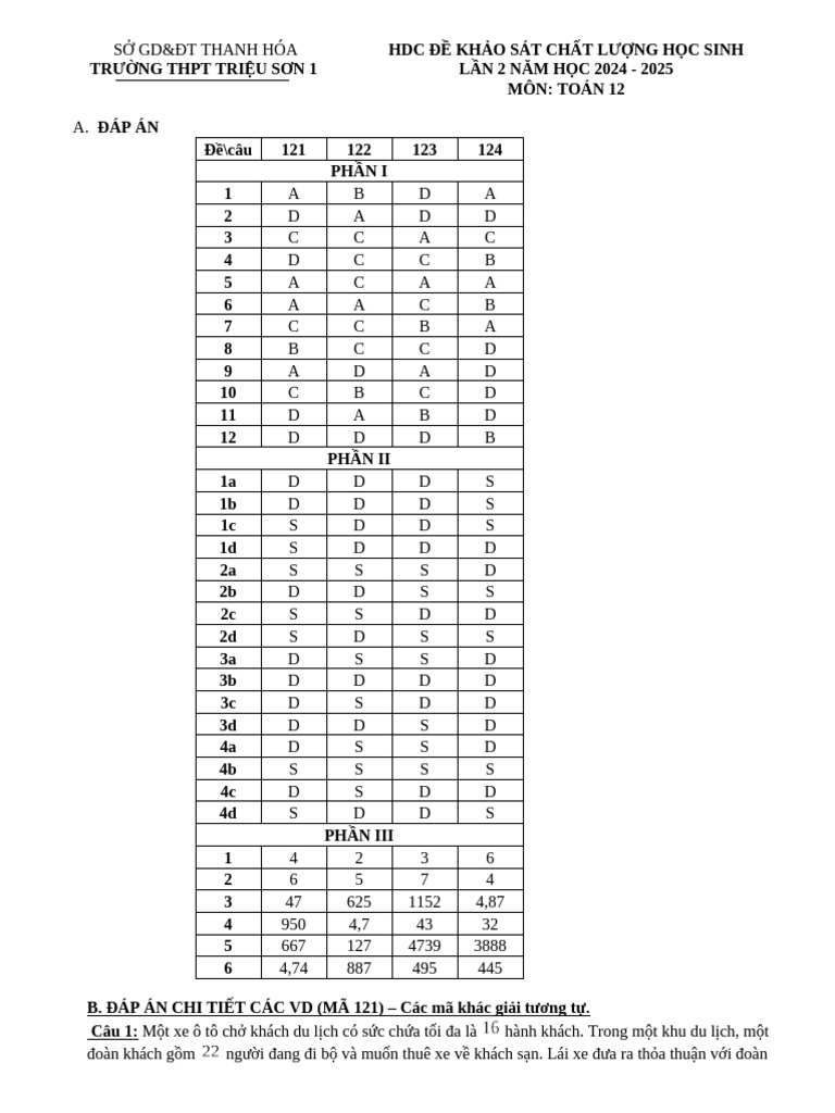 ĐA Toán 12 - TS1 | PDF