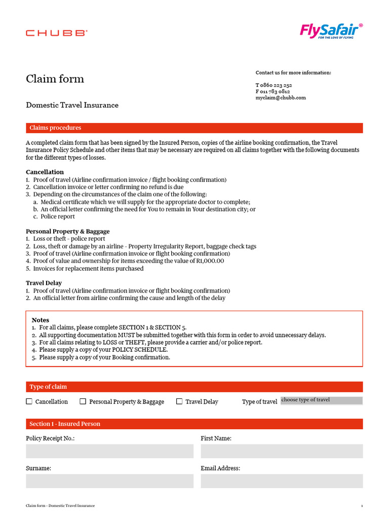 13254b - Chubb SA - FlySafair Claim Form | PDF | Insurance | Airlines