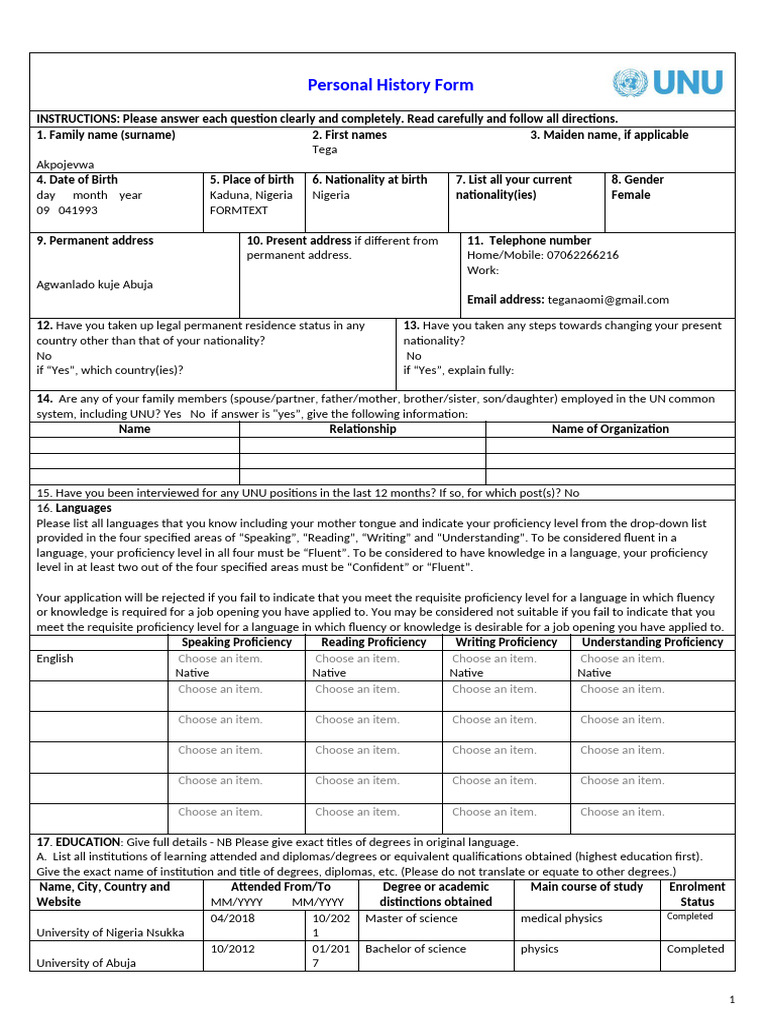UNU-P11 - Personal-History-Form Tega | PDF | Academic Degree | Internal Control