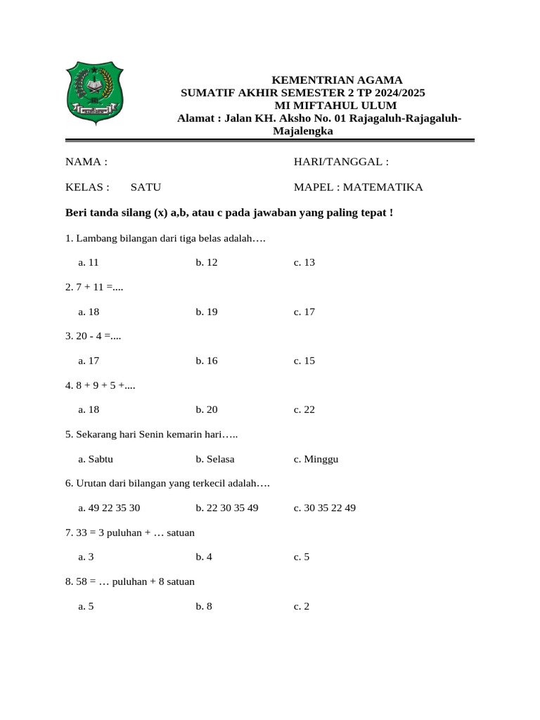 Soal Uas MTK Kls 1 2025 | PDF