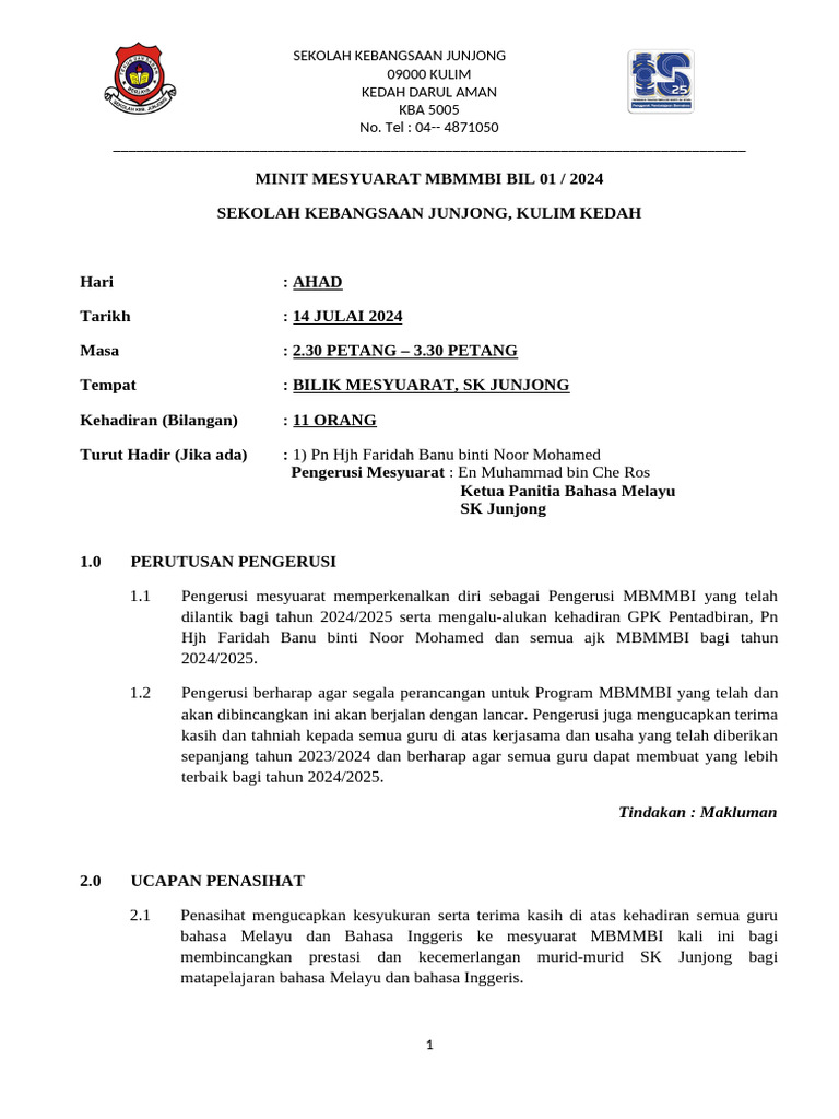 Minit Mesyuarat Mbmmbi Bil 1 - 2024 | PDF