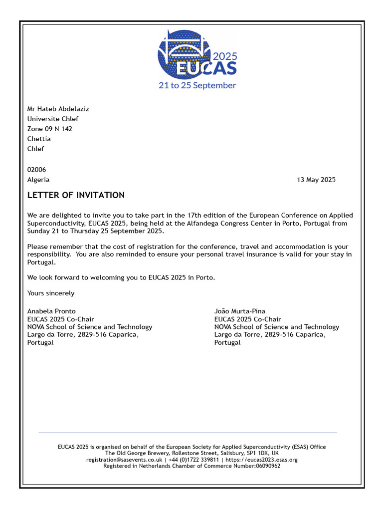 Letter of Invitation (EUCAS) | PDF