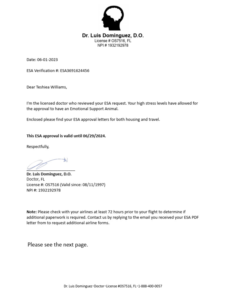 ESA Approval Letter for Teshiea Williams | PDF | Psychology | Mental Health