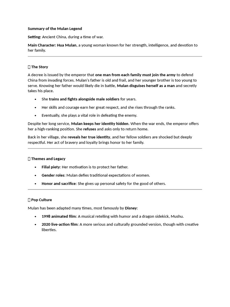 Summary of The Mulan Legend | PDF