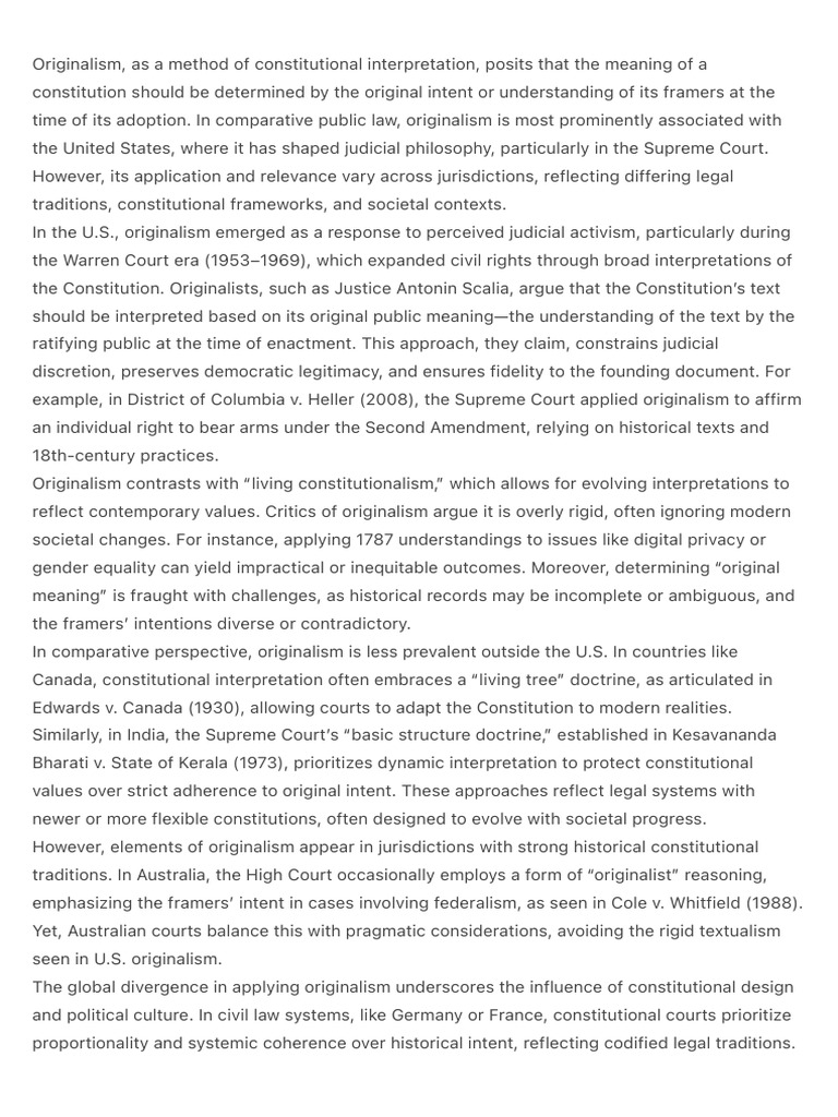 Originalism, as a method of constitutional interpretation, posits ...