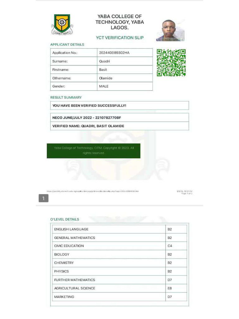 Yct Verification Slip for Undefined | PDF