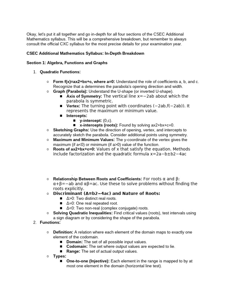 CSEC Additional Mathematics Syllabus Overview | PDF | Quadratic ...