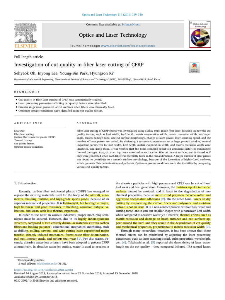 Investigation of Cut Quality in Fiber Laser Cutting of CFRP | PDF ...