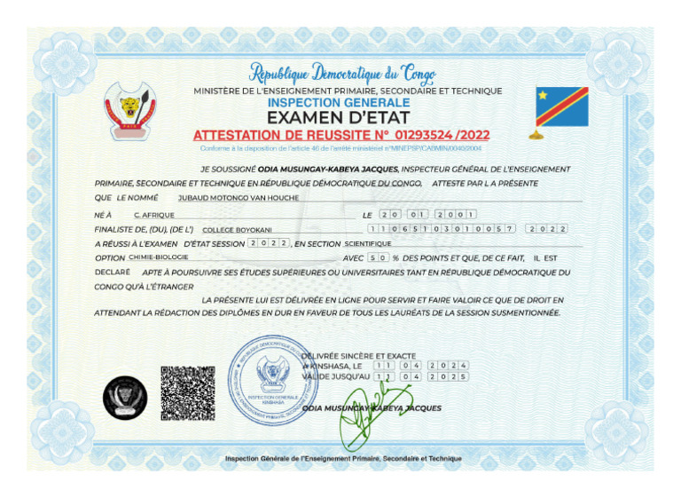 Attestation Jubaud Motongo Van Houche | PDF