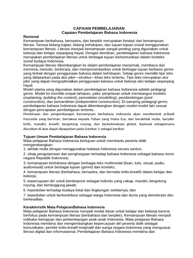Capaian Pembelajaran Bahasa Indonesia | PDF