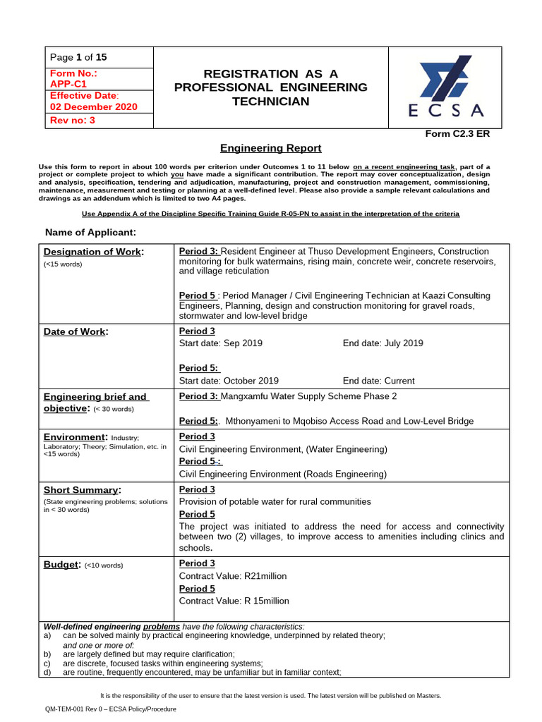 Engineering Report: Form C2.3 ER | PDF