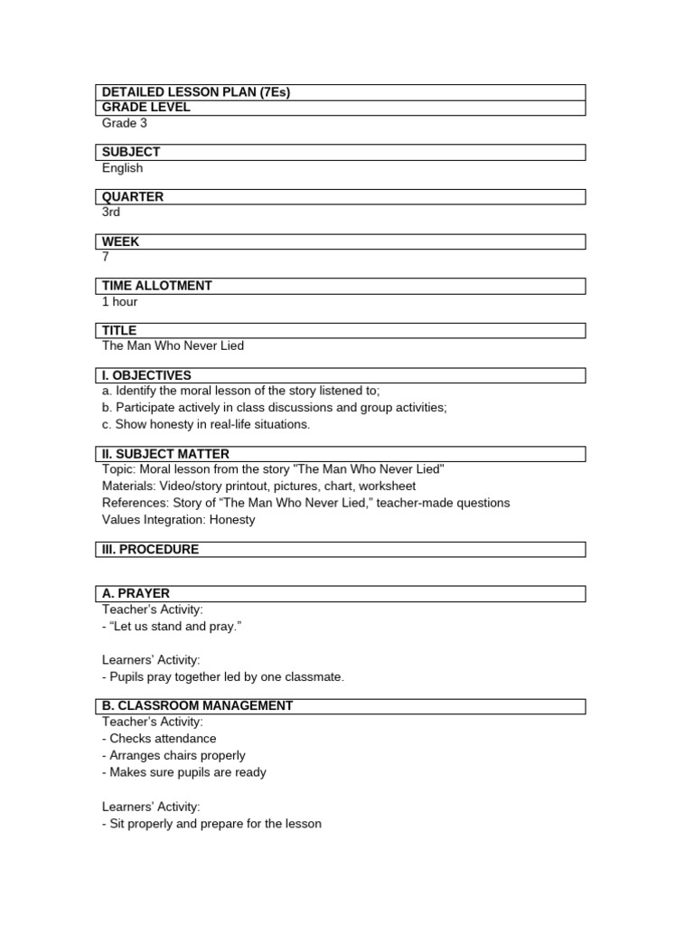 Grade3 LessonPlan 7es TheManWhoNeverLied | PDF | Teachers | Lesson Plan