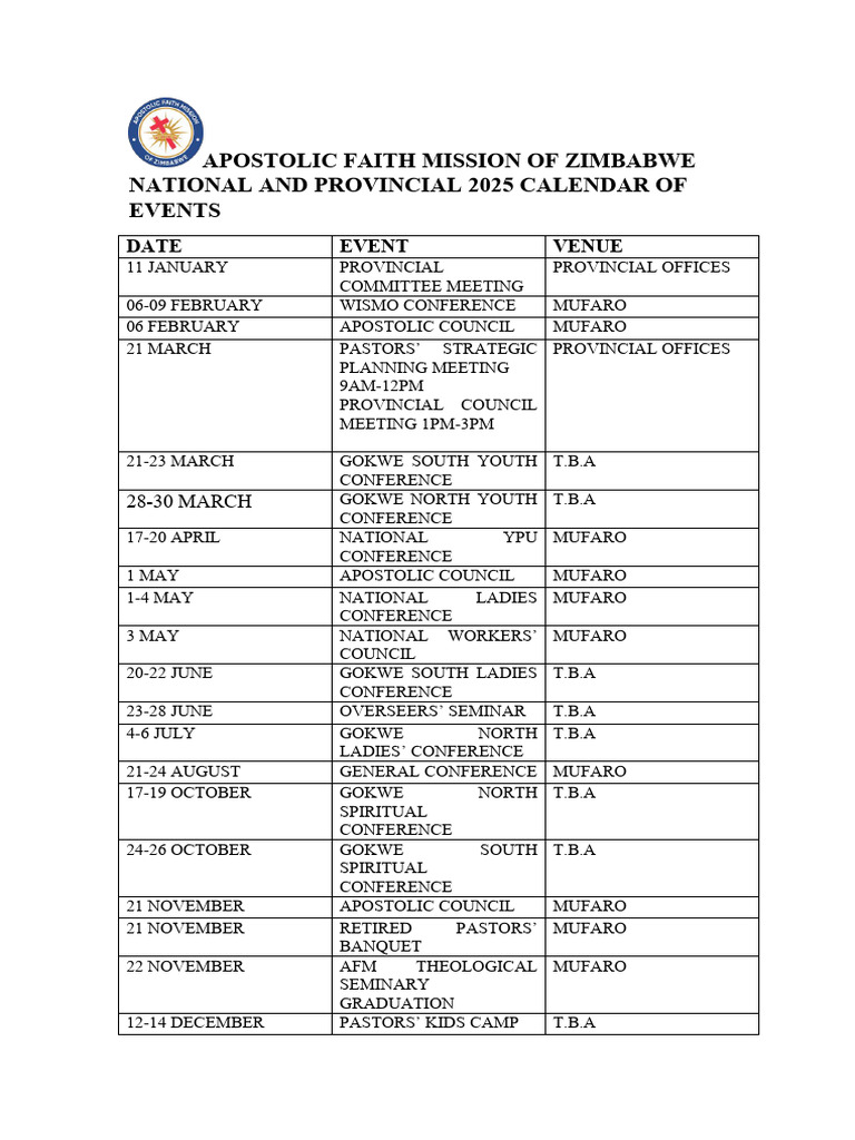 AFM Zimbabwe 2025 Events Calendar | PDF