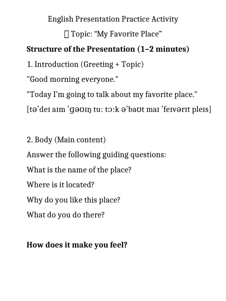 English Presentation Practice Activity | PDF
