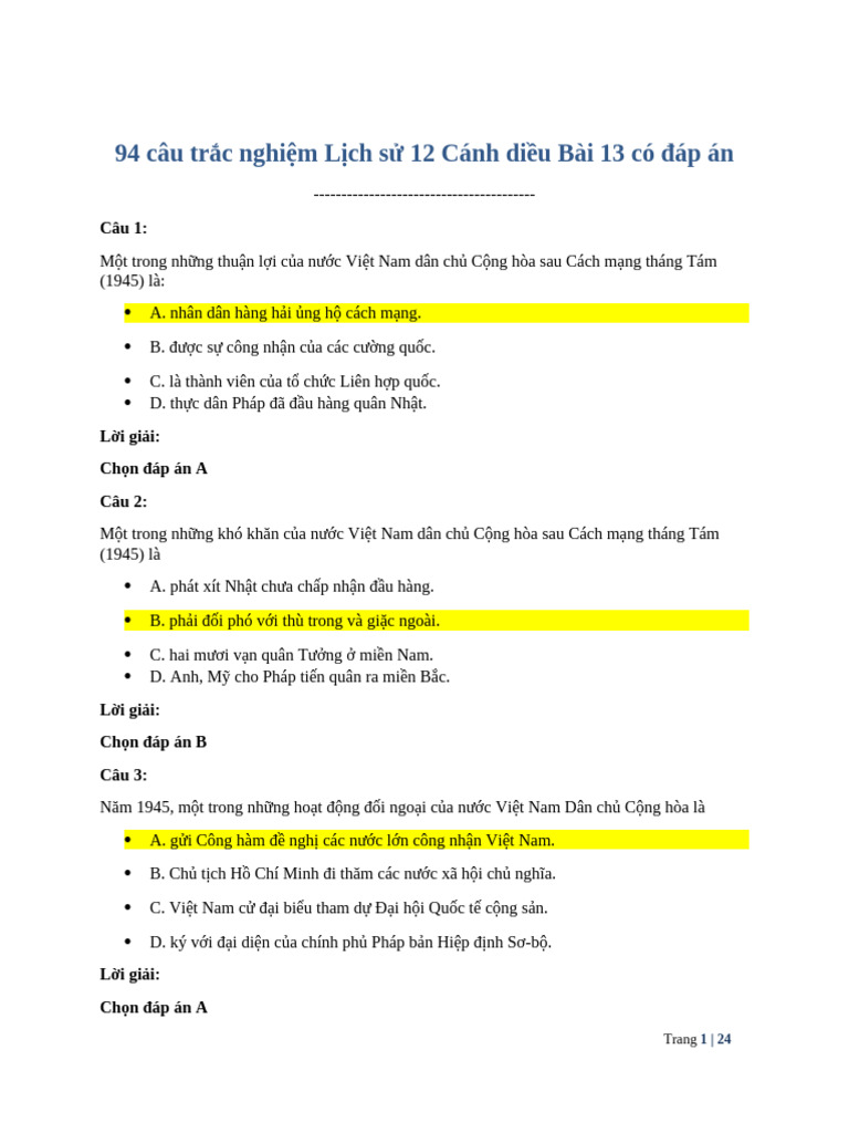 94 Cau Trac Nghiem Lich Su 12 Canh Dieu Bai 13 Co Dap An 2025-04-27 | PDF