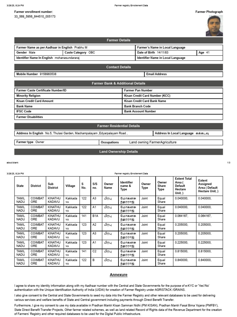 Farmer Registry Enrollement Data | PDF
