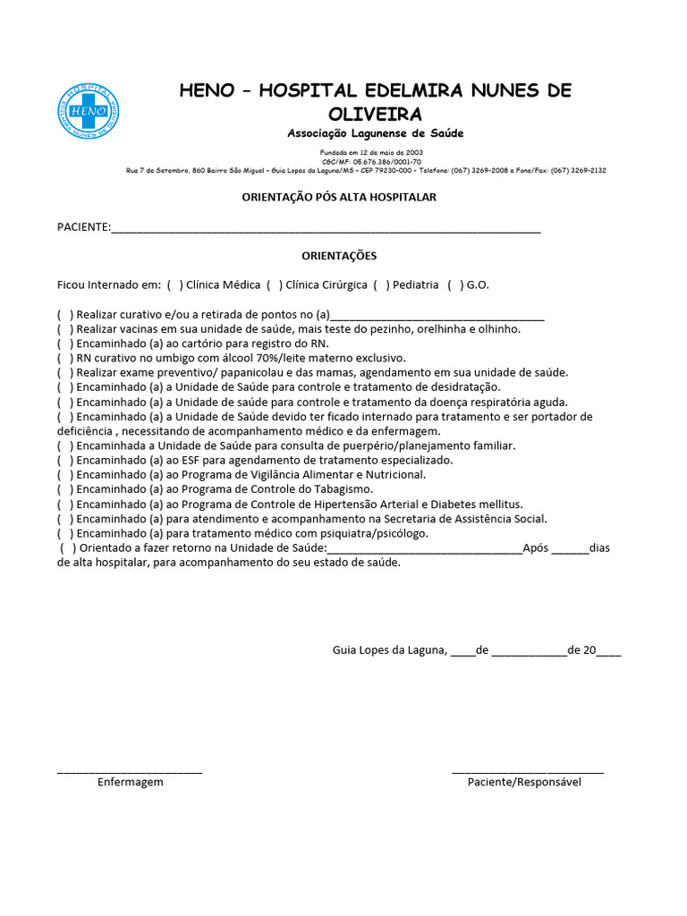 Orientação Pós Alta Hospitalar | PDF | Doenças e distúrbios | Medicina ...