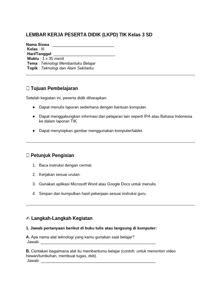 LEMBAR KERJA PESERTA DIDIK (LKPD) TIK Kelas 3 SD | PDF