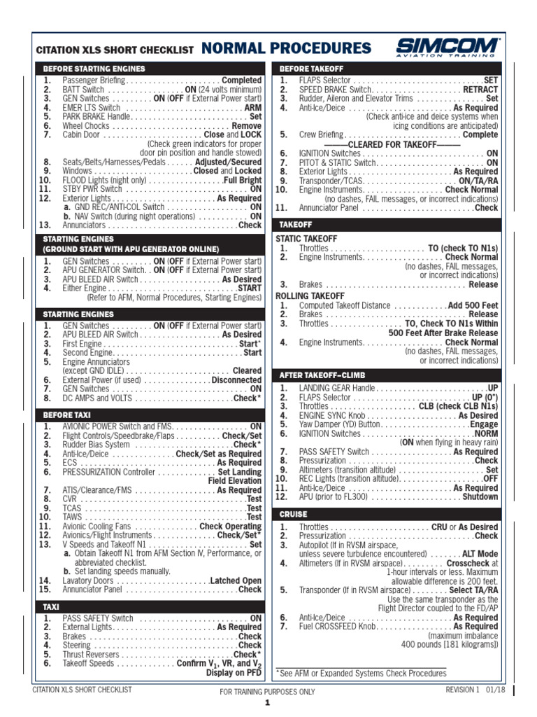 Citation XLS - Short Normal Checklist Rev 1 01-18 PDF | PDF | Takeoff ...