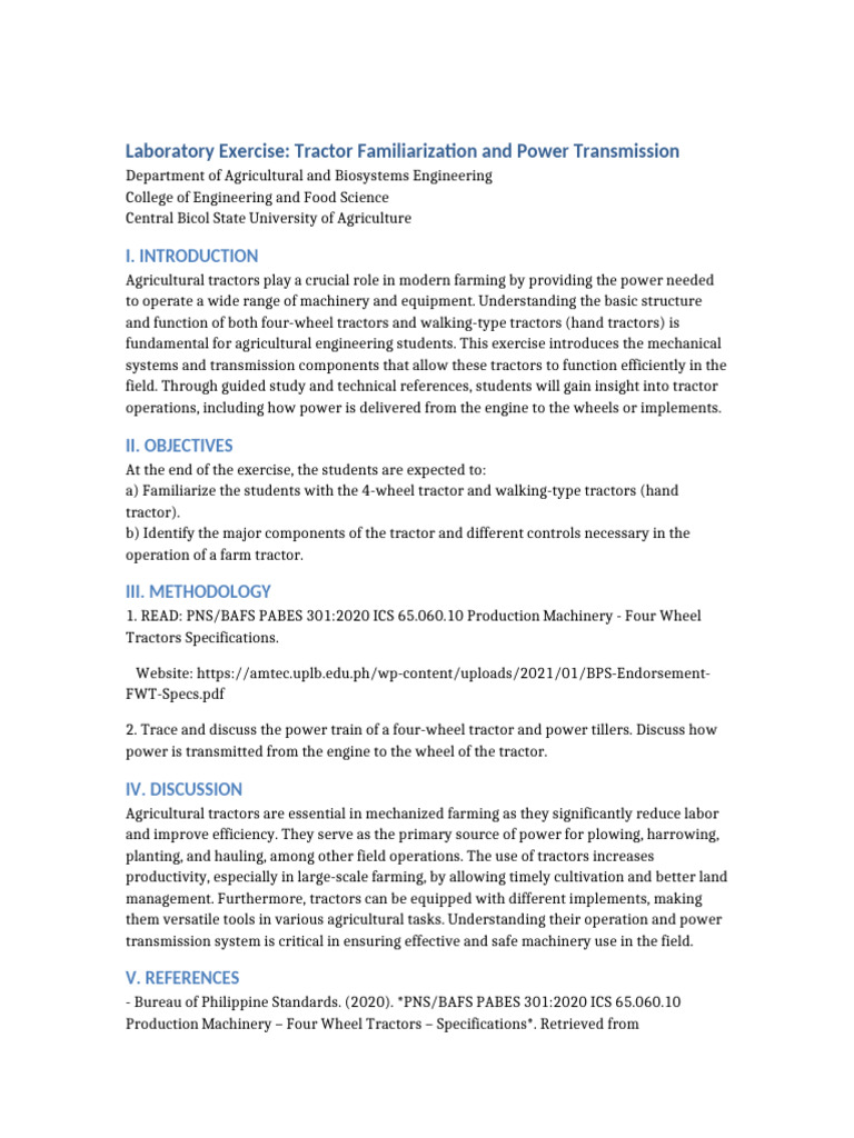 Tractor Familiarization Lab Report | PDF